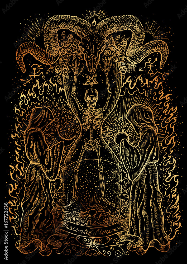 Mystic illustration with human skeleton, monks and spiritual symbols on ...