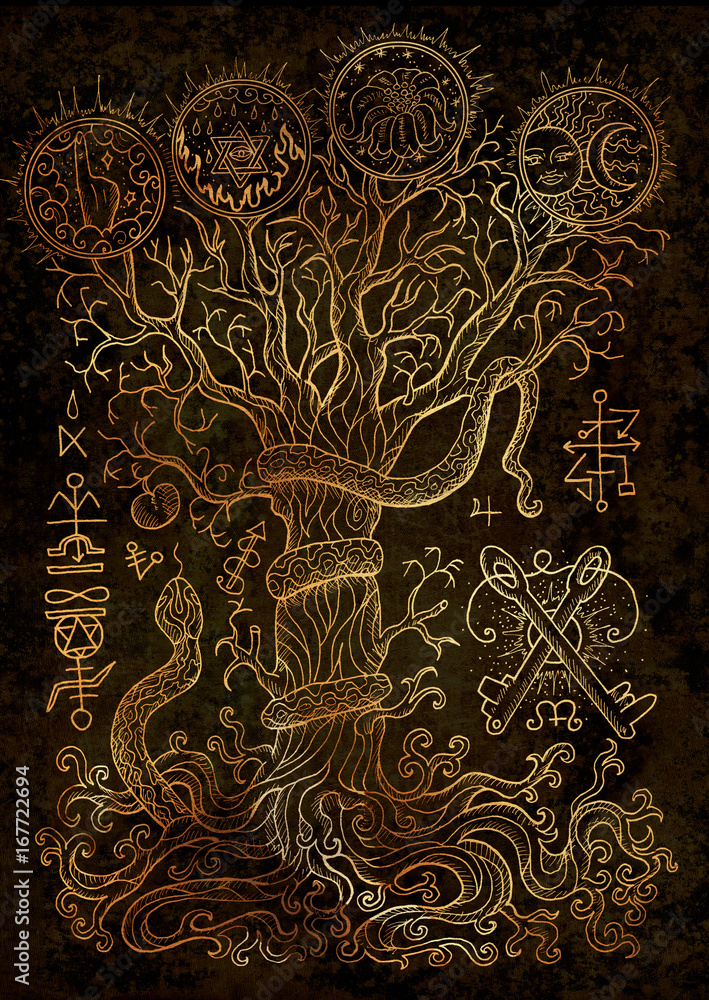 Mystic illustration with spiritual and christian religious symbols as ...