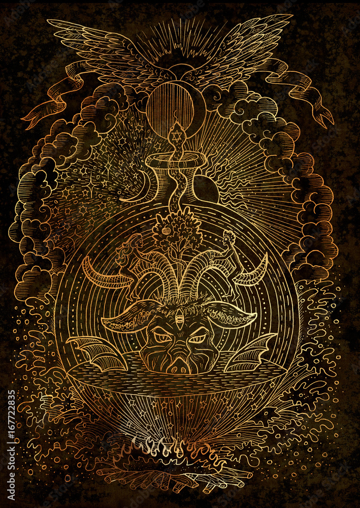 Mystic illustration with spiritual and christian religious symbols as ...