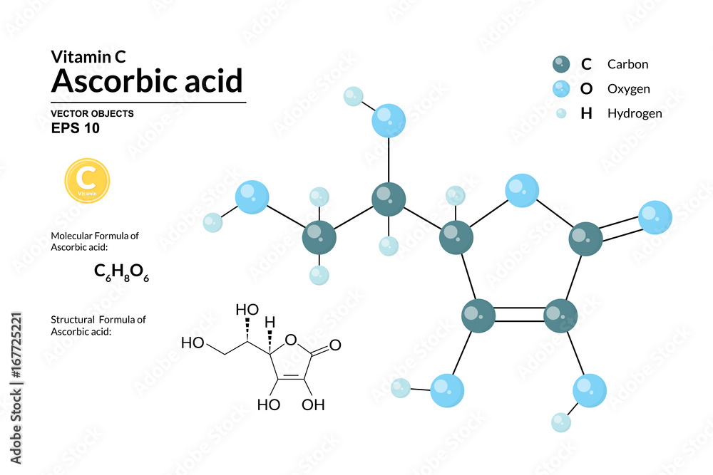 Structural chemical molecular formula and model of Ascorbic acid. Atoms are represented as ...