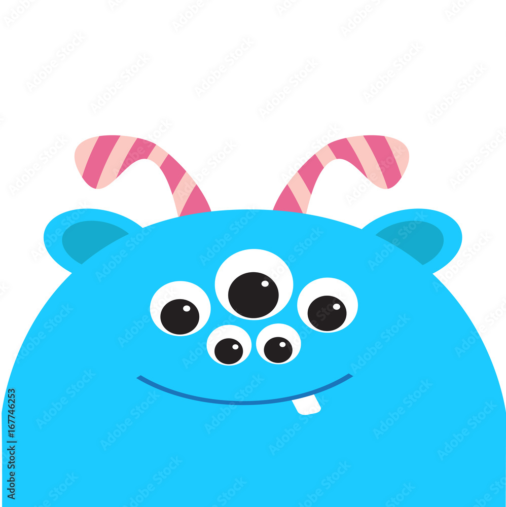 Blue monster head with ears, tooth and horns. Black color. Funny Cute ...