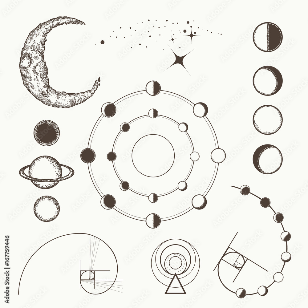 Astrology and alchemy, symbols and signs of astrology, lunar phases ...