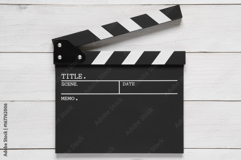 open blank clapper board on top view vintage white wood table for the ...