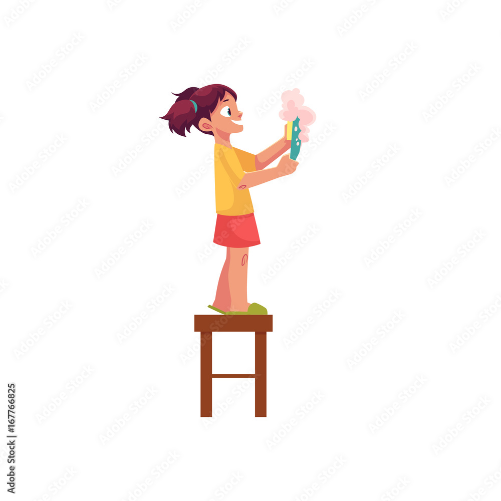 Little girl washing a plate, standing on stool, daily routine, cartoon ...