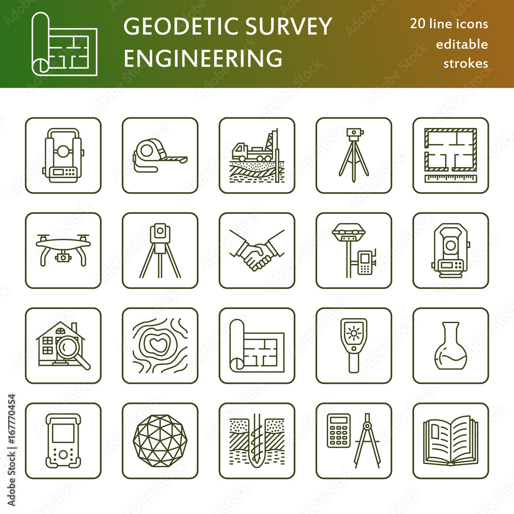 Geodetic survey engineering vector flat line icons. Geodesy equipment ...