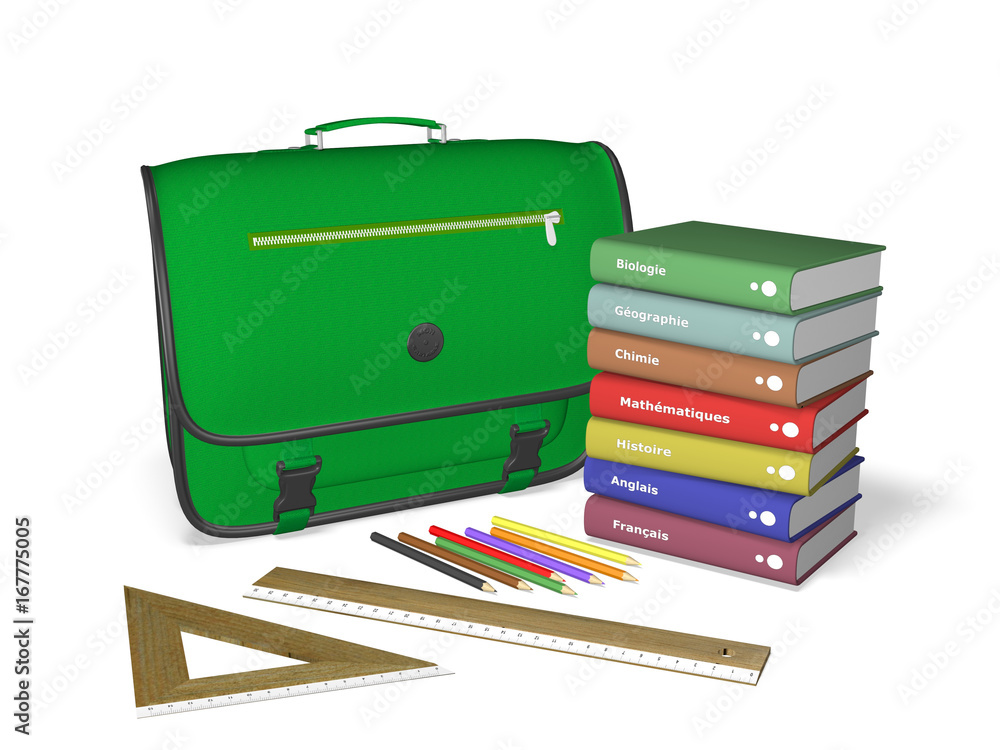 Rentrée des classes cartable livres cahiers crayons latte équerre Stock ...