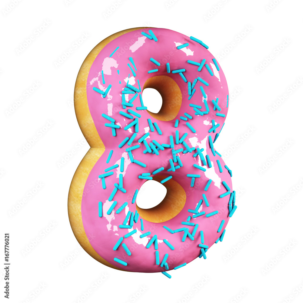 Rose Glazed Donut Font Concept with blue sprinkles. Delicious Number 8 ...
