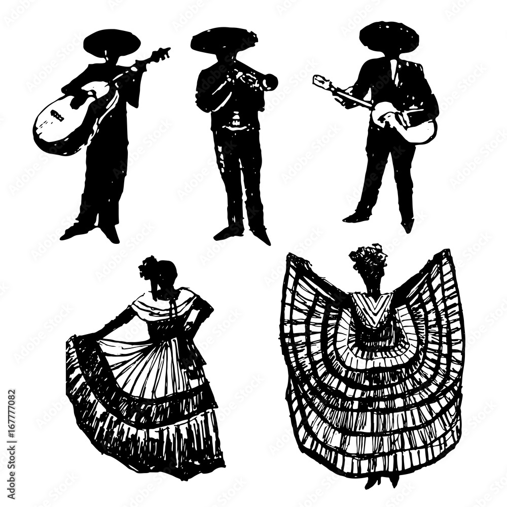 Collection of silhouettes of Mexican musicians with instruments and ...
