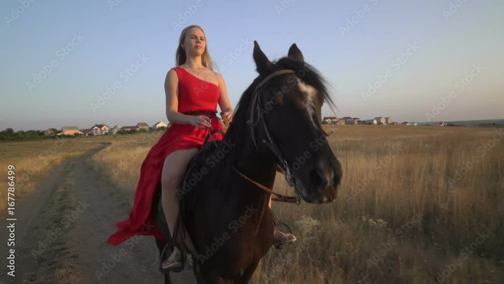Beautiful girl horseback rider in red dress riding horse across dry ...