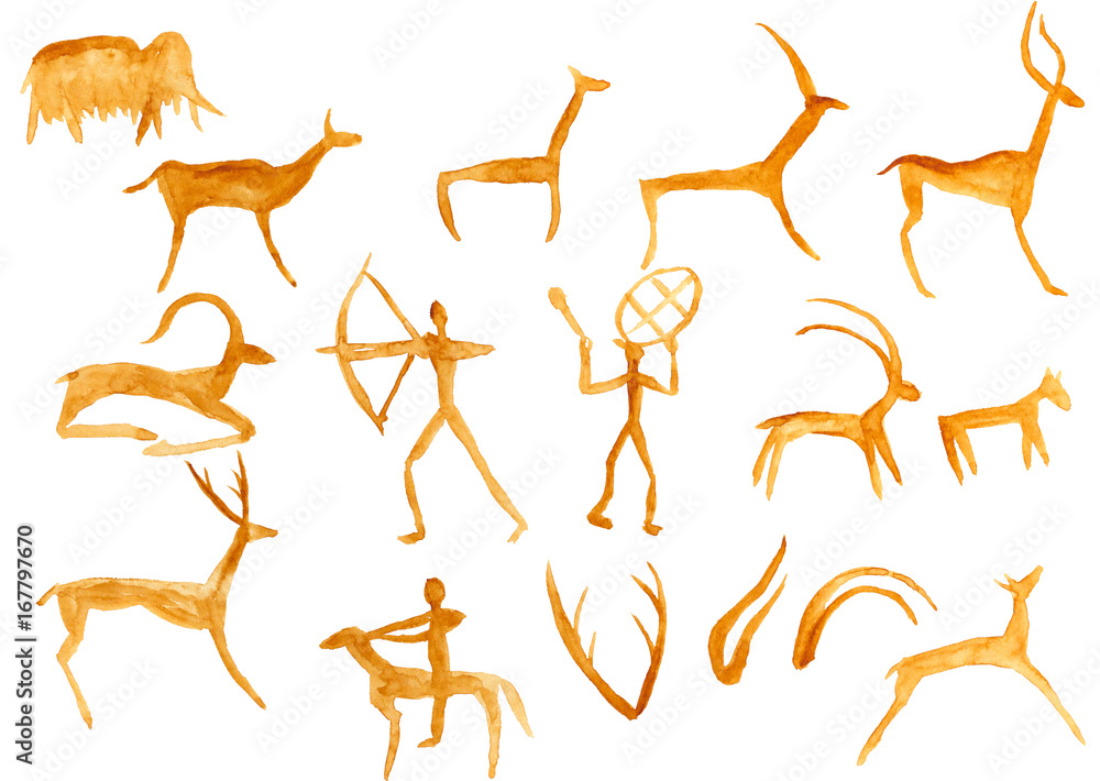 Set of drawing in a cave painted by an ancient man on a wall, a rock ...