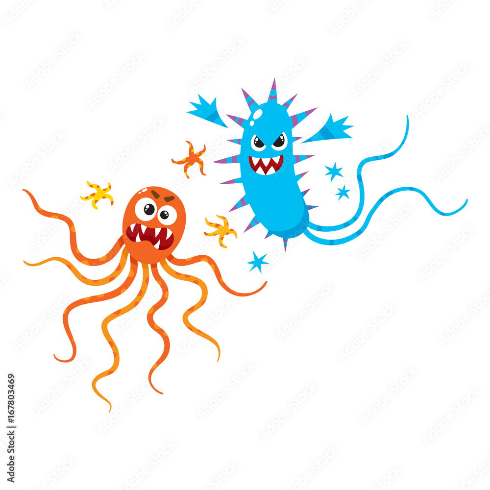 Couple of ugly virus, germ, bacteria characters with spikes and ...