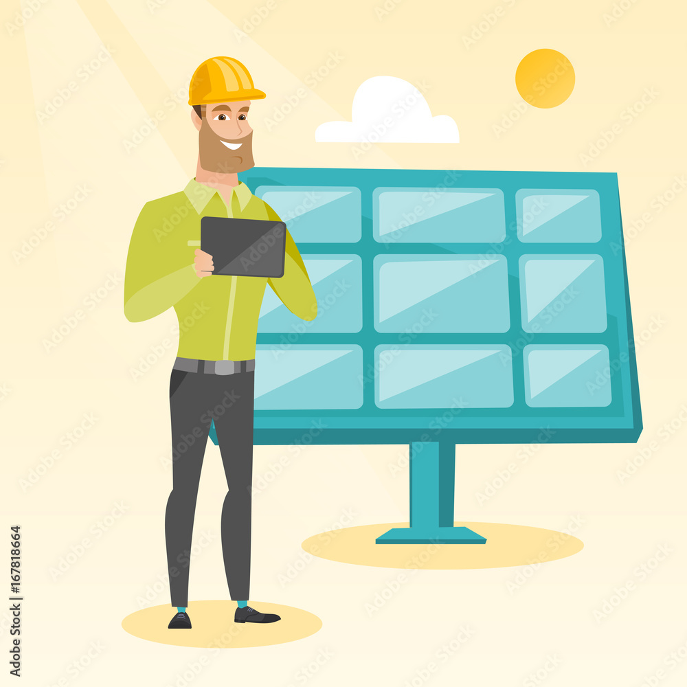 Caucasian worker of solar power plant. Hipster engineer working on ...