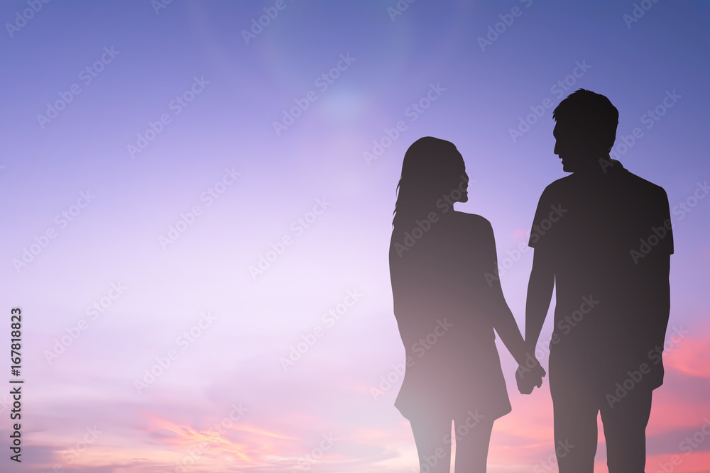 black silhouette of couples lover holding hand and looking each other ...