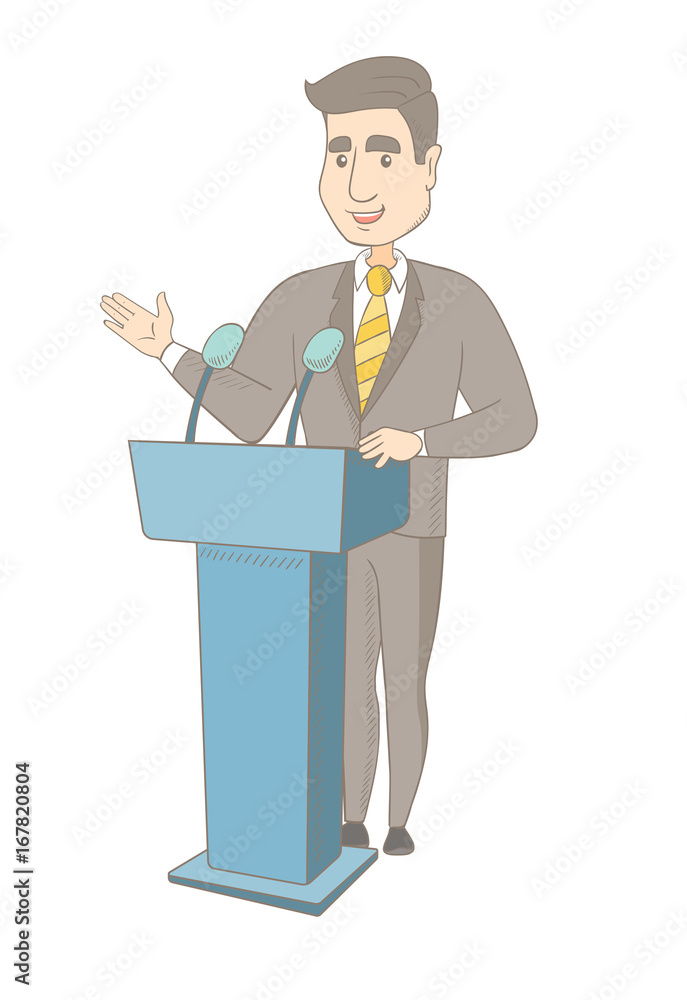Caucasian politician speaking to audience from tribune. Young ...