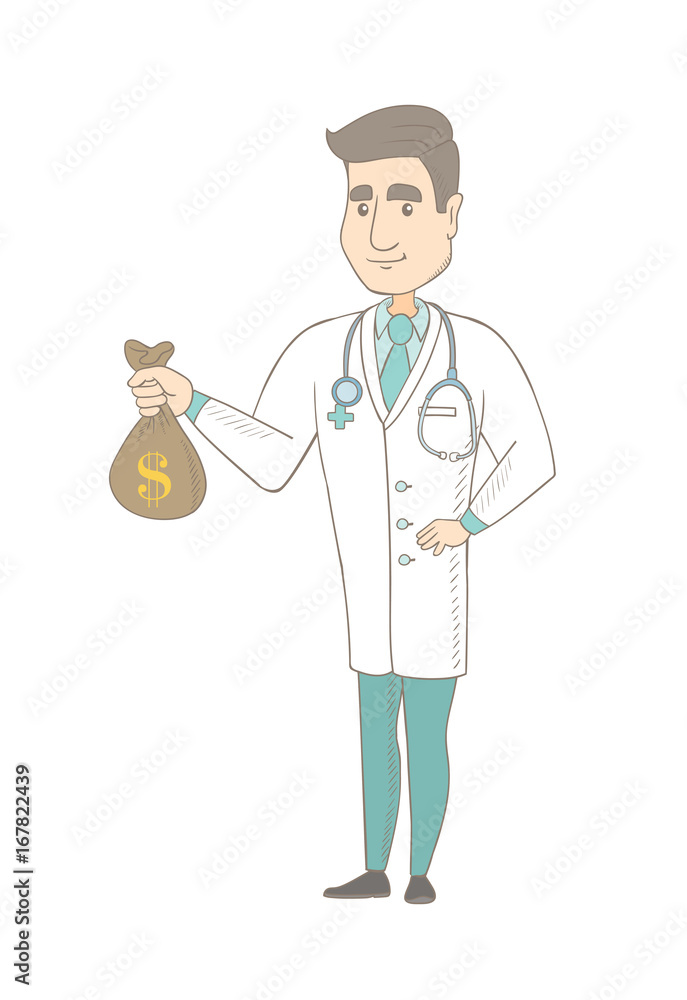 Caucasian doctor showing money bag with dollar sign. Full length of ...