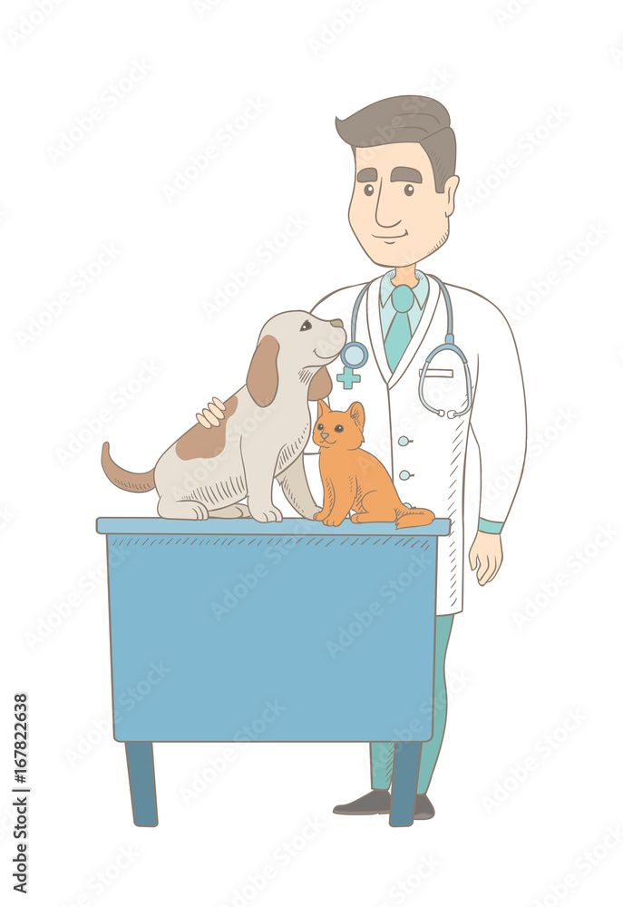 Caucasian veterinarian examining pets in hospital. Young veterinarian ...