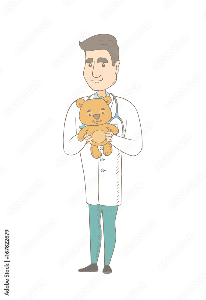 Caucasian pediatrician doctor holding a teddy bear. Pediatrician ...