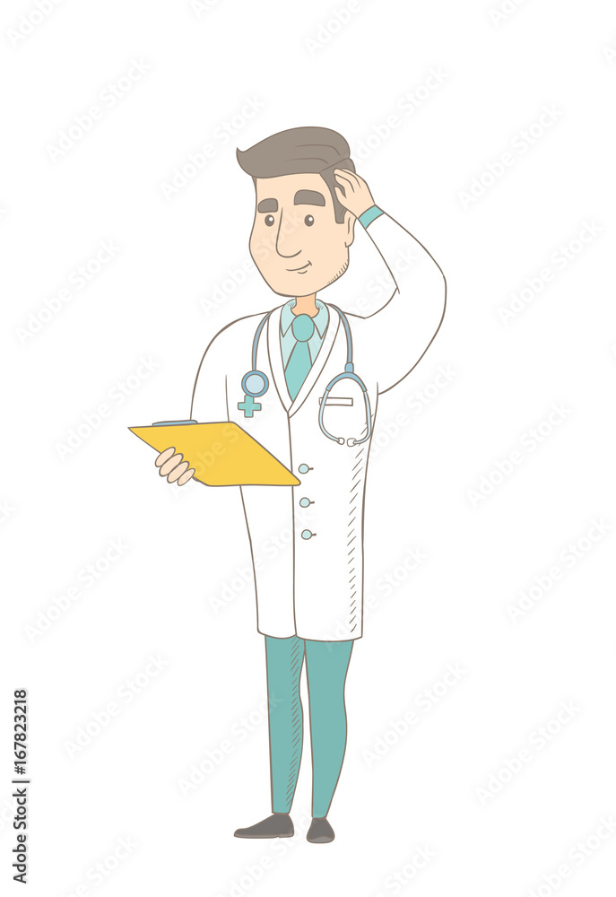 Confused caucasian doctor in medical gown scratching head while reading ...