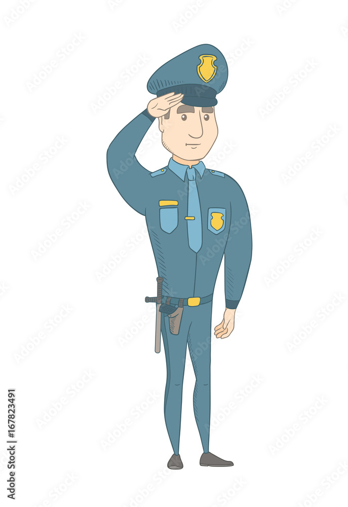 Caucasian police officer in uniform gives salute. Full length of young ...