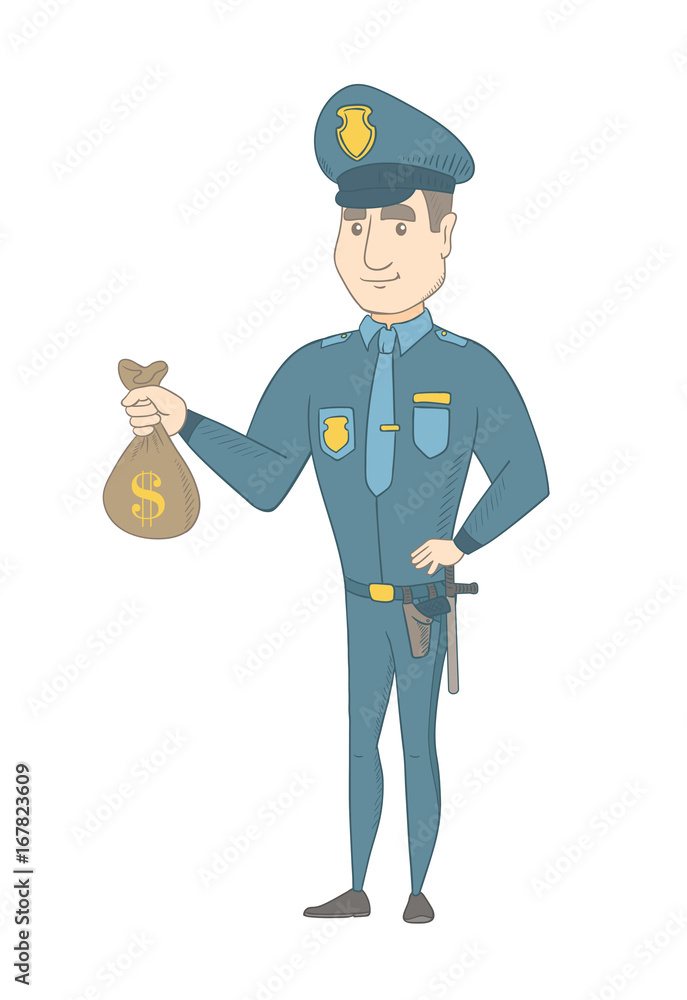 Caucasian policeman showing money bag with dollar sign. Full length of ...