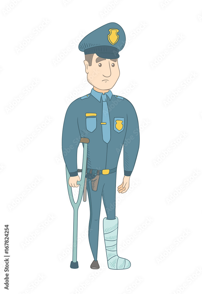 Injured policeman with broken leg on crutches. Full length of young ...