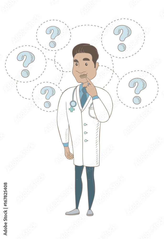 Young hispanic doctor looking at question marks above head. Full length ...