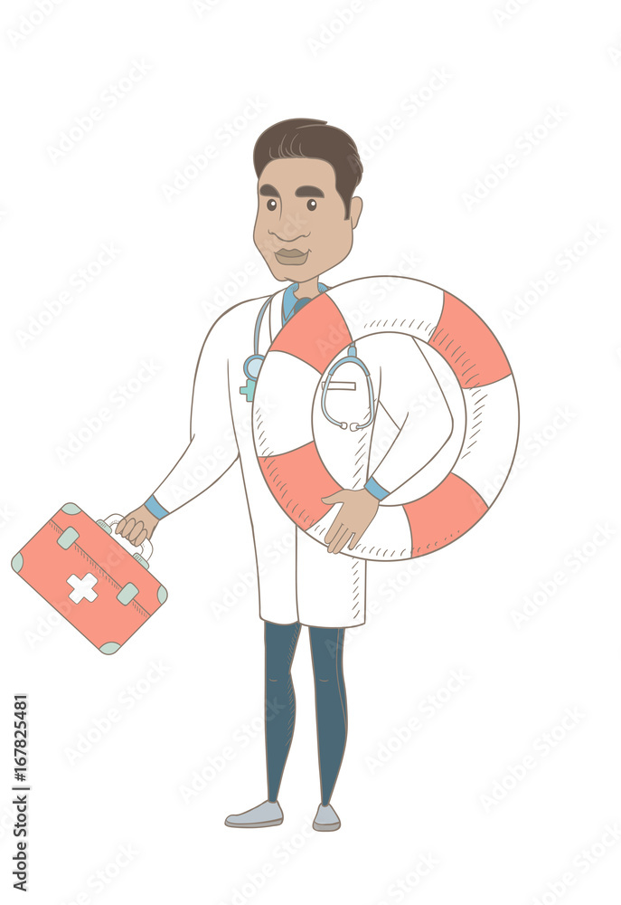 Young hispanic paramedic holding first aid box and lifebuoy. Smiling ...