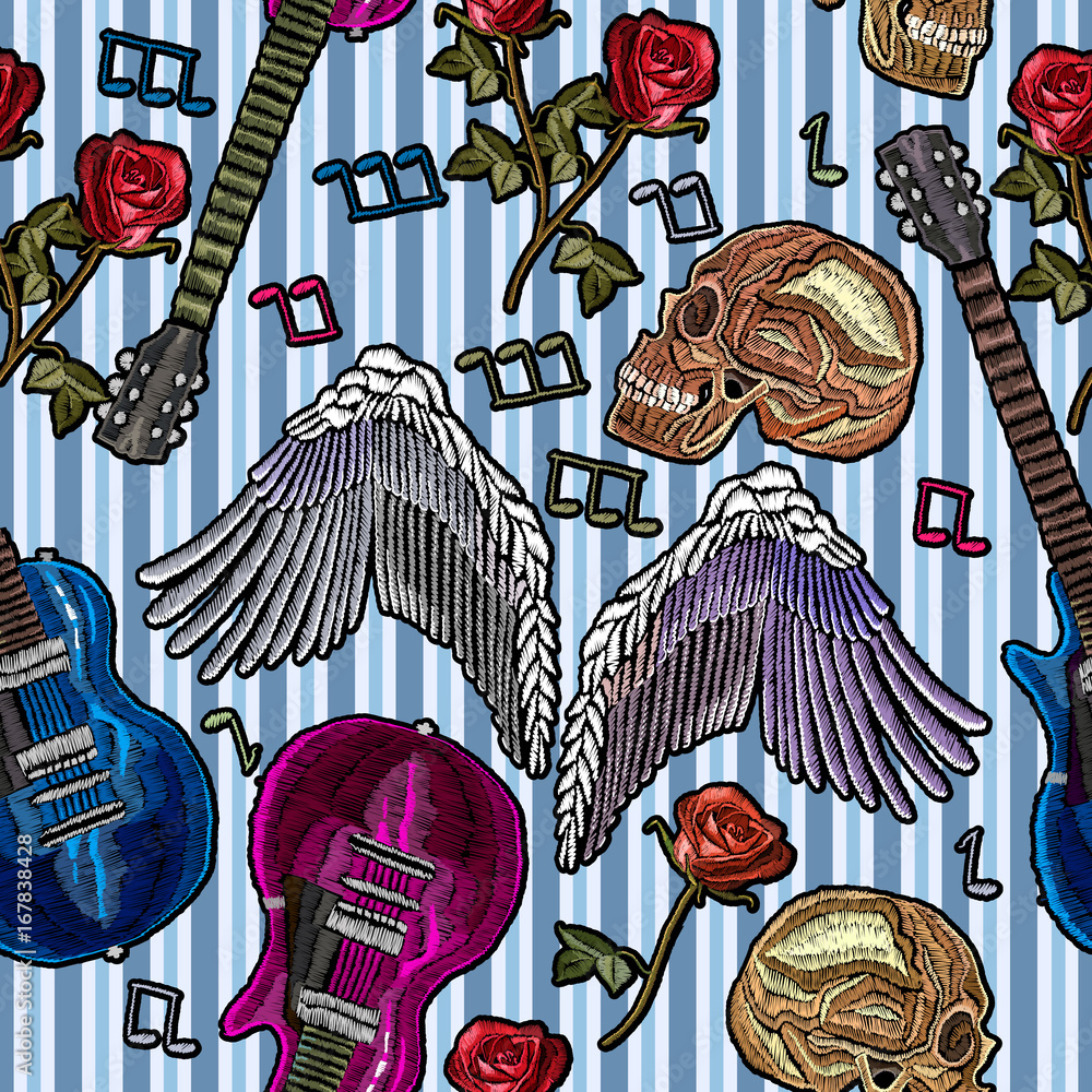 Embroidery music seamless pattern. Guitar, gothic roses, angel wings ...