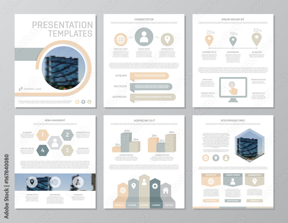 Set of gray and yellow elements for multipurpose a4 presentation ...