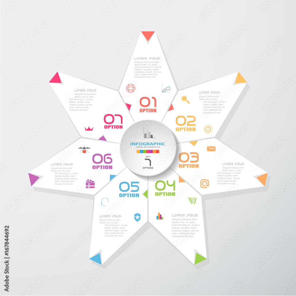 Vector infographic of white seven ray star with folded ends and white ...