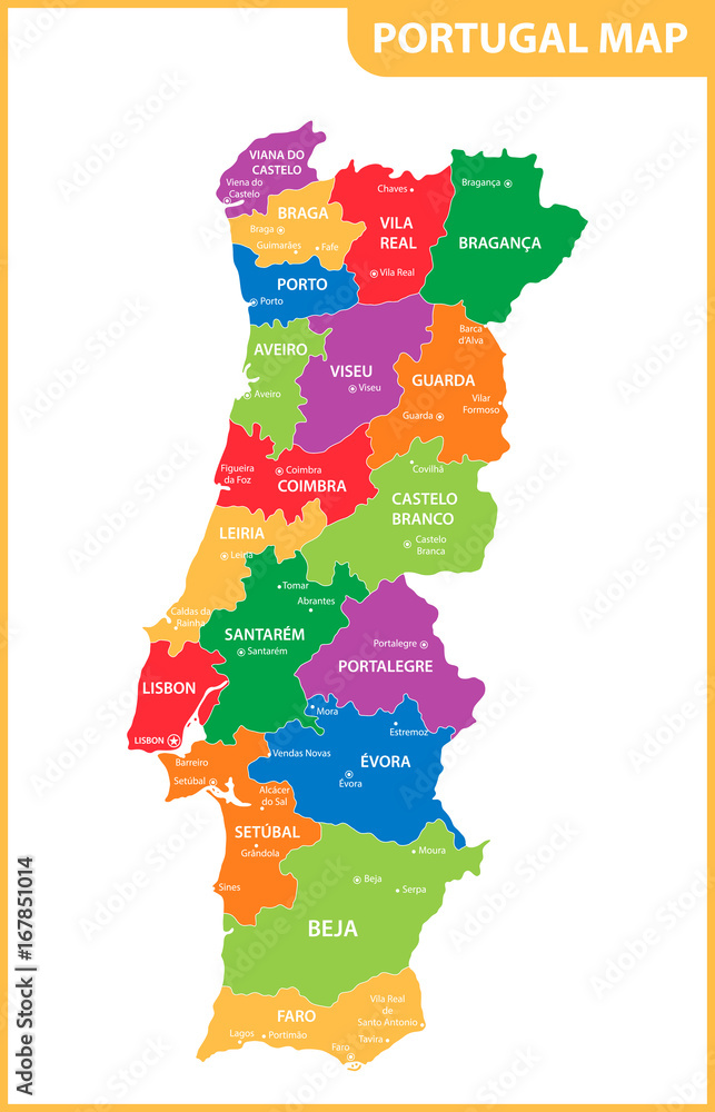 The detailed map of the Portugal with regions or states and cities ...