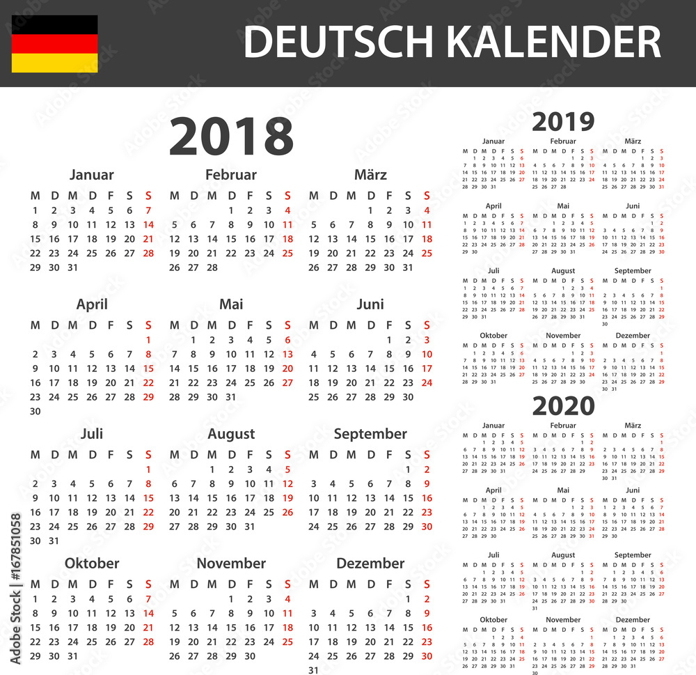 German Calendar for 2018, 2019 and 2020. Scheduler, agenda or diary ...