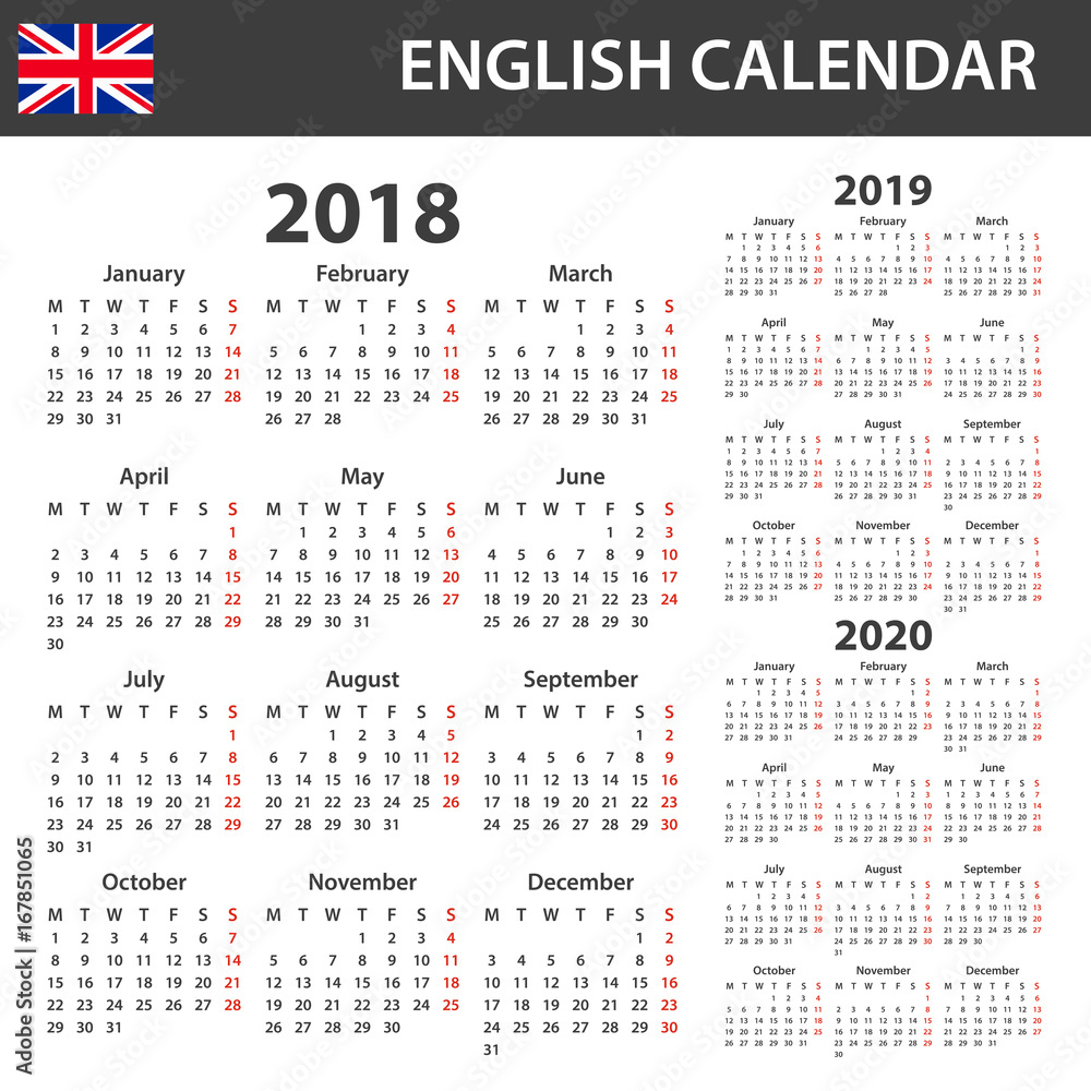 English Calendar for 2018, 2019 and 2020. Scheduler, agenda or diary ...