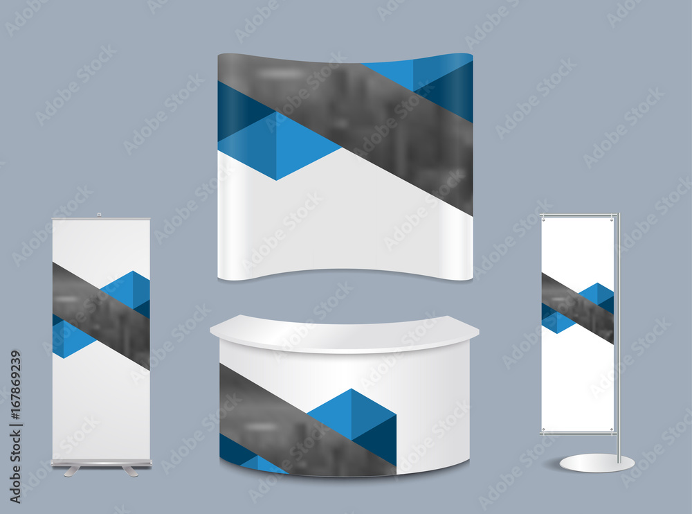 Advertising exhibition stand design with promotional elements in ...
