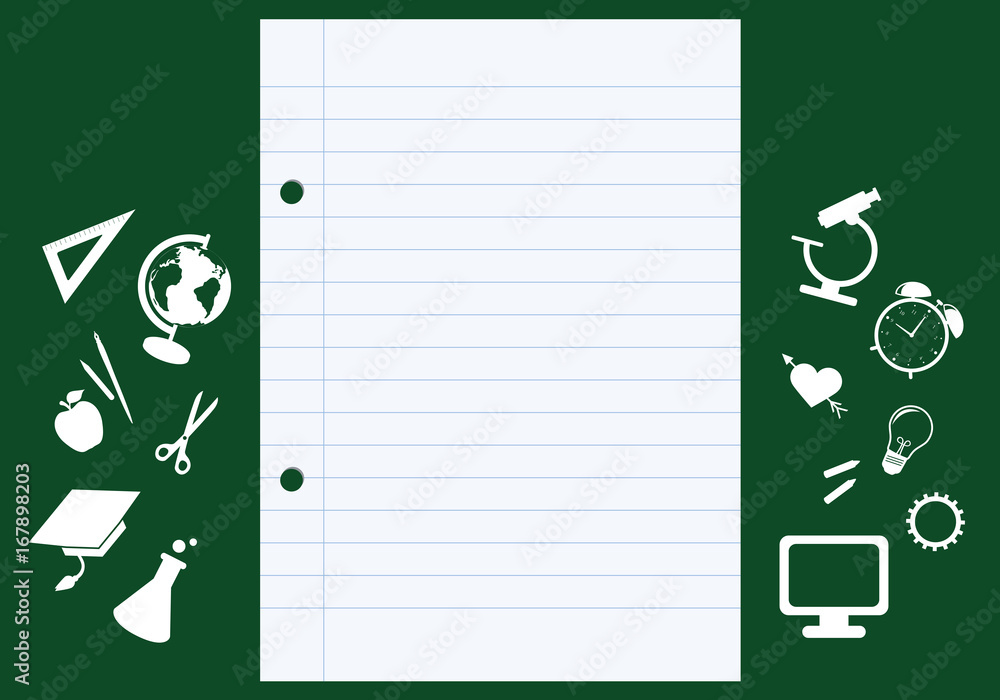 School supplies vector. Blank sheet of paper. Set of school icons. Back ...