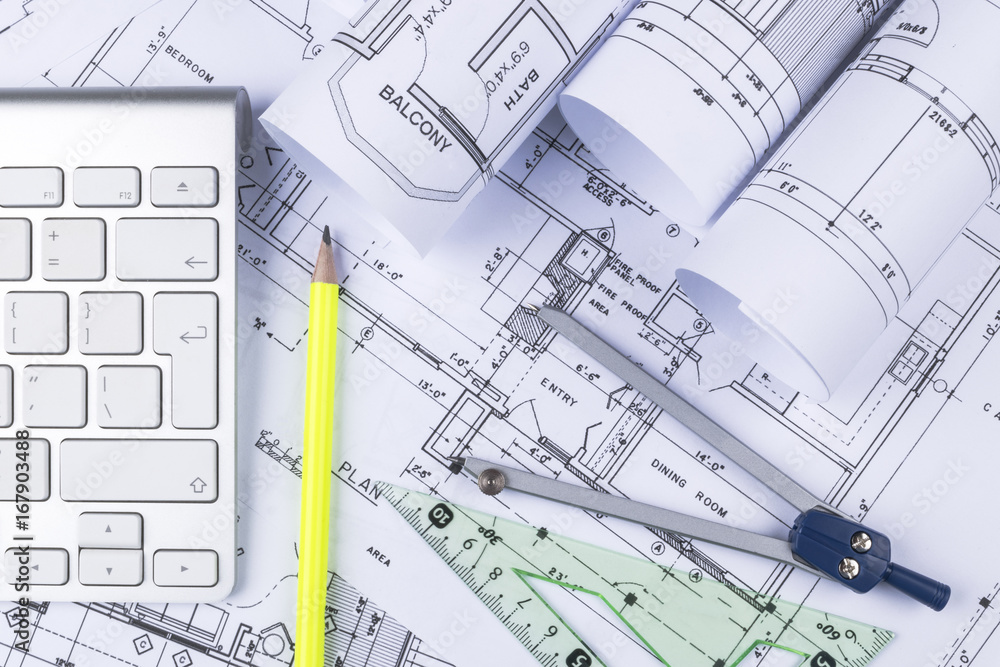 Architectural blueprint drawings of the modern house with computer ...