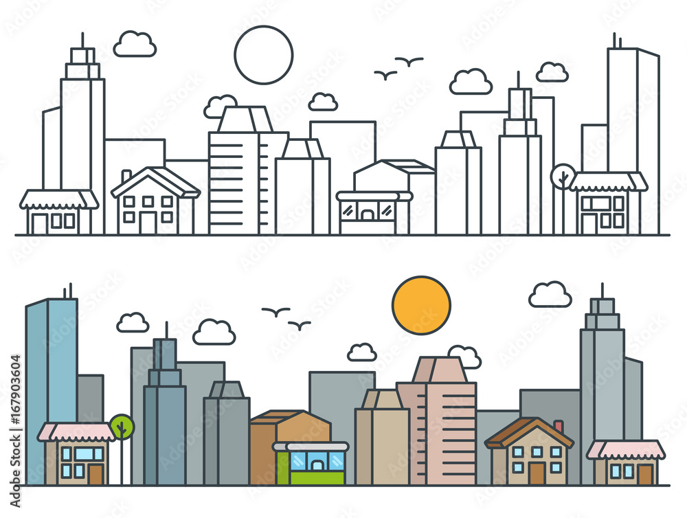 Flat Isometric Line City Street Landscape View Concept with Buildings ...