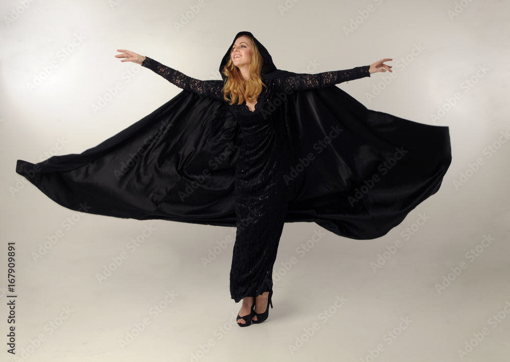 full length portrait of a blonde lady wearing black lace dress and ...