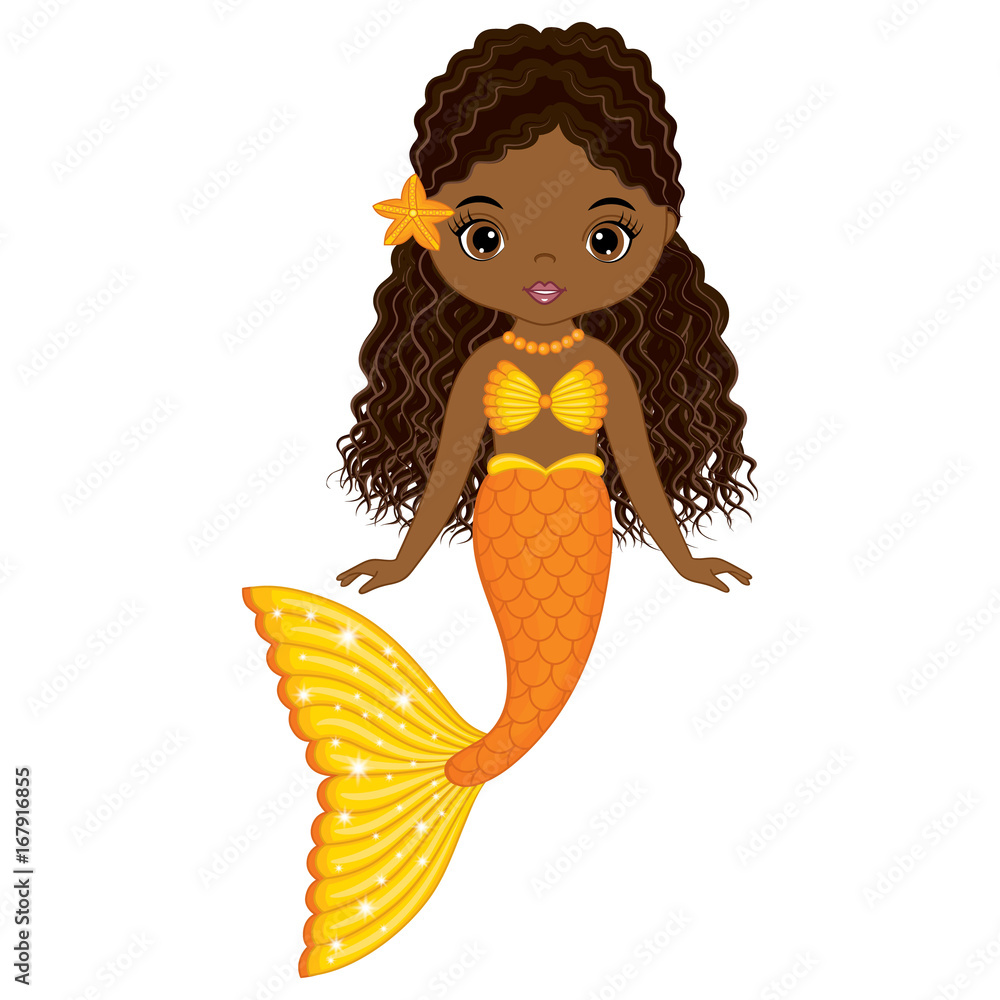 Vector Cute Little Mermaid Swimming. Vector African American Mermaid ...