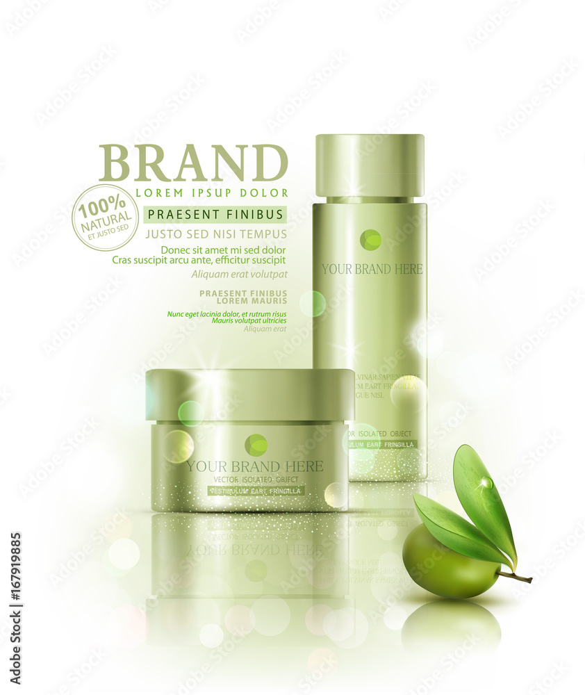 Vector cosmetic jar with reflection on bokeh background with green ...