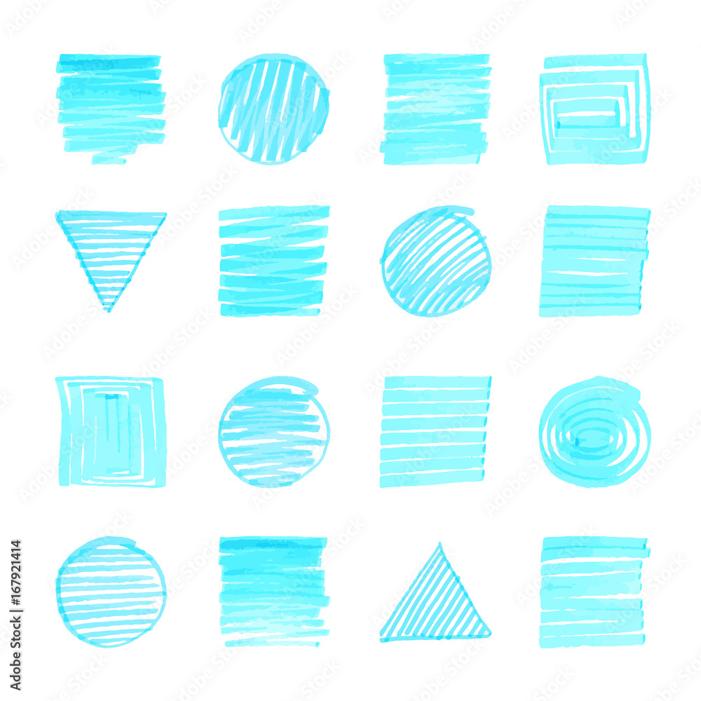 Uniqiue handdrawn color highlight shapes of squares, triangles, circles ...