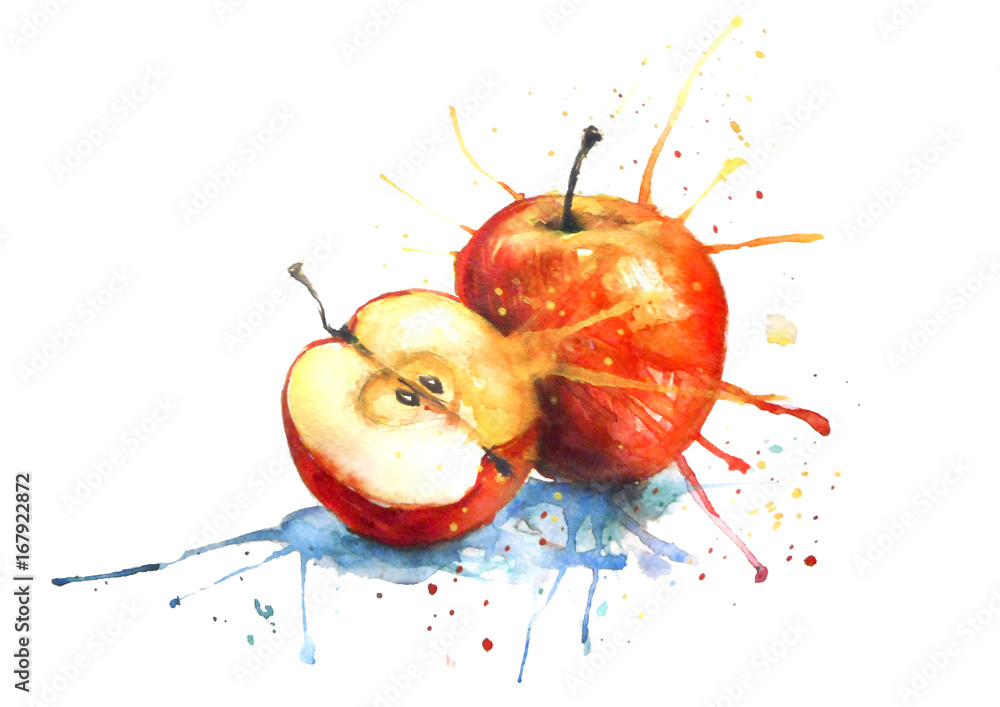 Watercolor red apple with a splash of paint, splashes, juice, blots. On ...