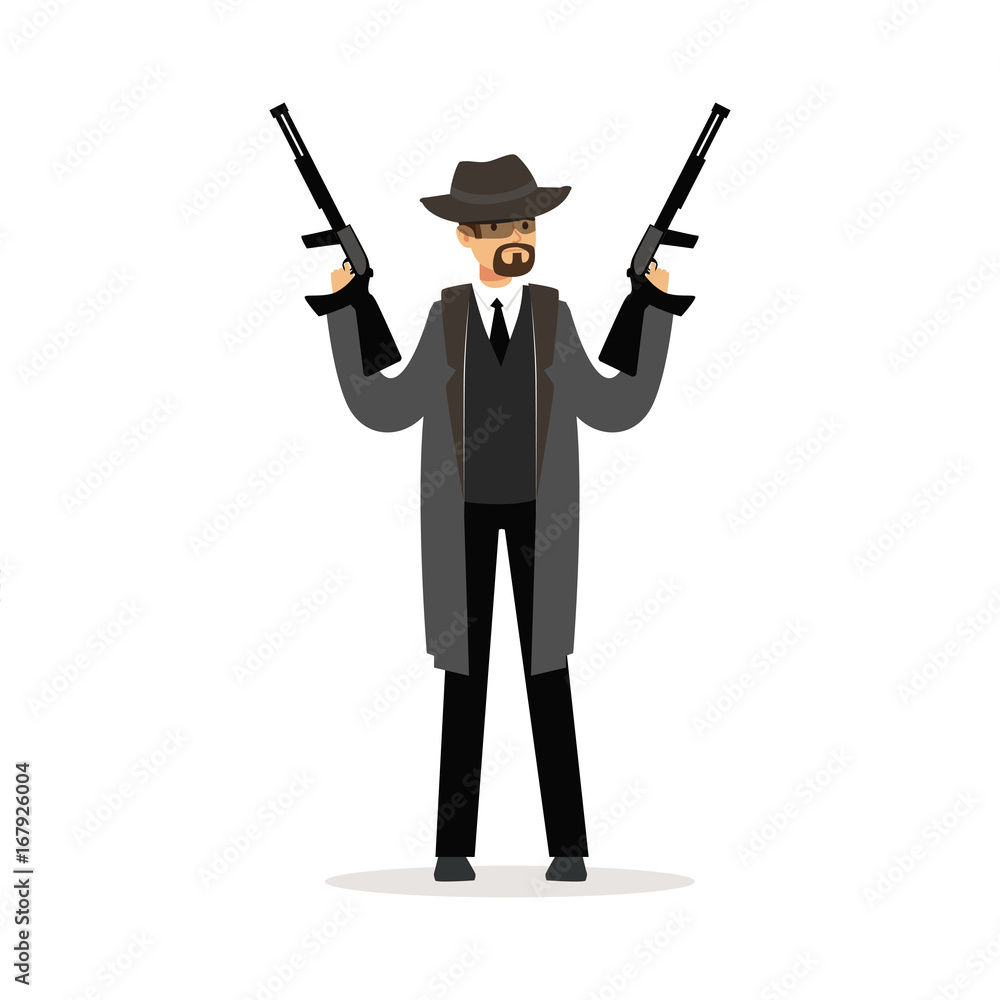 Mafia man character in gray coat and fedora hat holding two submachine ...