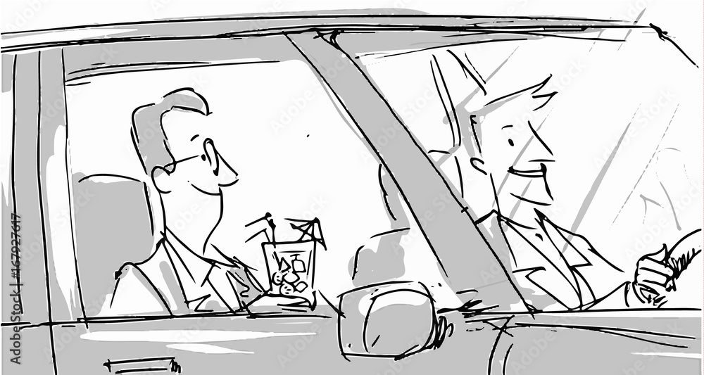 Driver and a business man in the car happy faces Vector sketch for ...