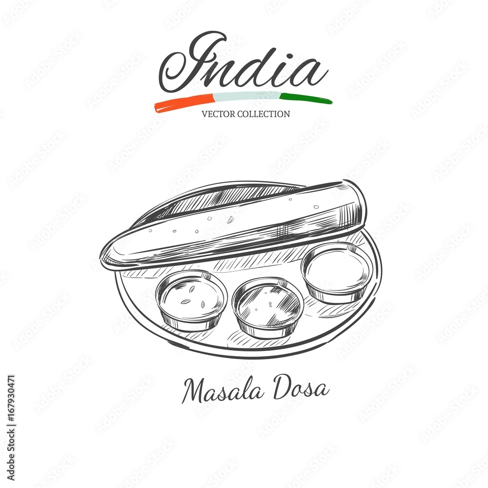 Masala Dosa. Traditional indian dish. Vector hand drawn illustration ...