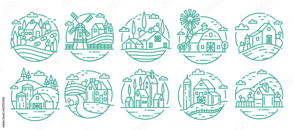 Countryside labels set. Farm various logo collection. Line art ...