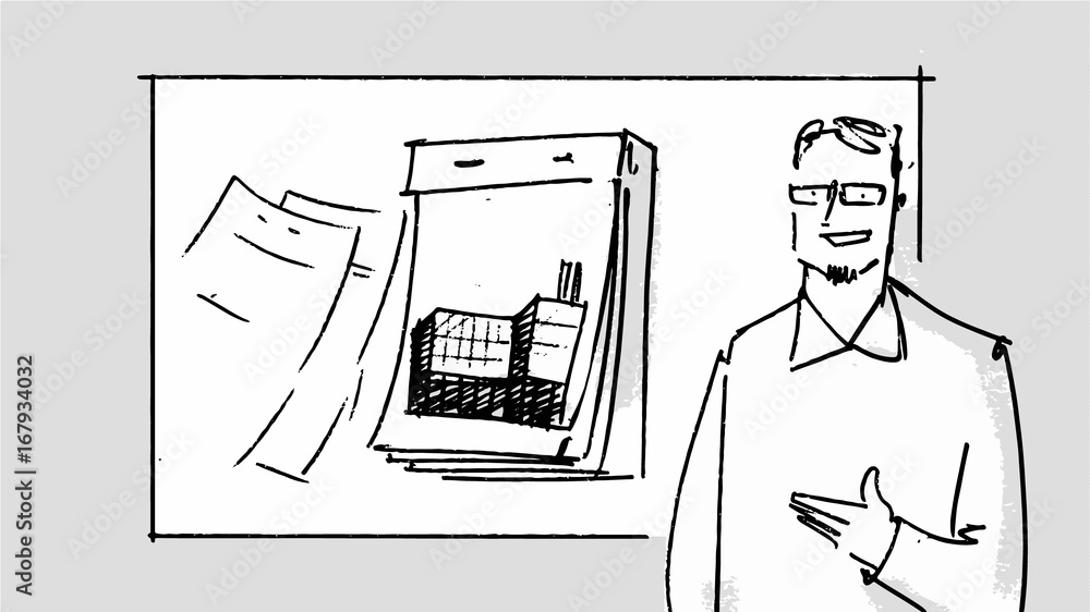 Man explaining something at a board Vector sketch for storyboard ...