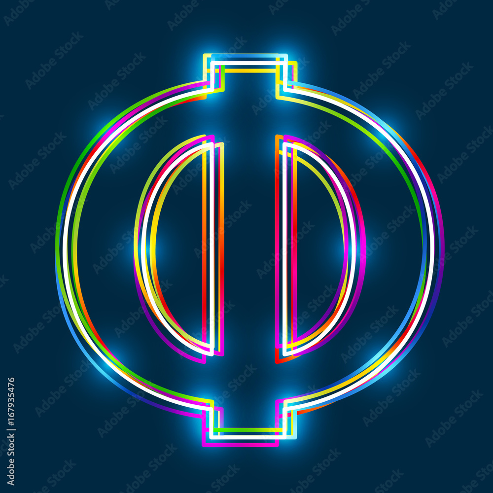 Greek Capital Letter Phi. Multicolor outline font with glowing effect ...