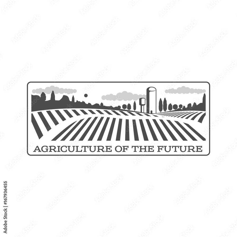 Horizontal agriculture logo, badge, label with fields and water towers ...