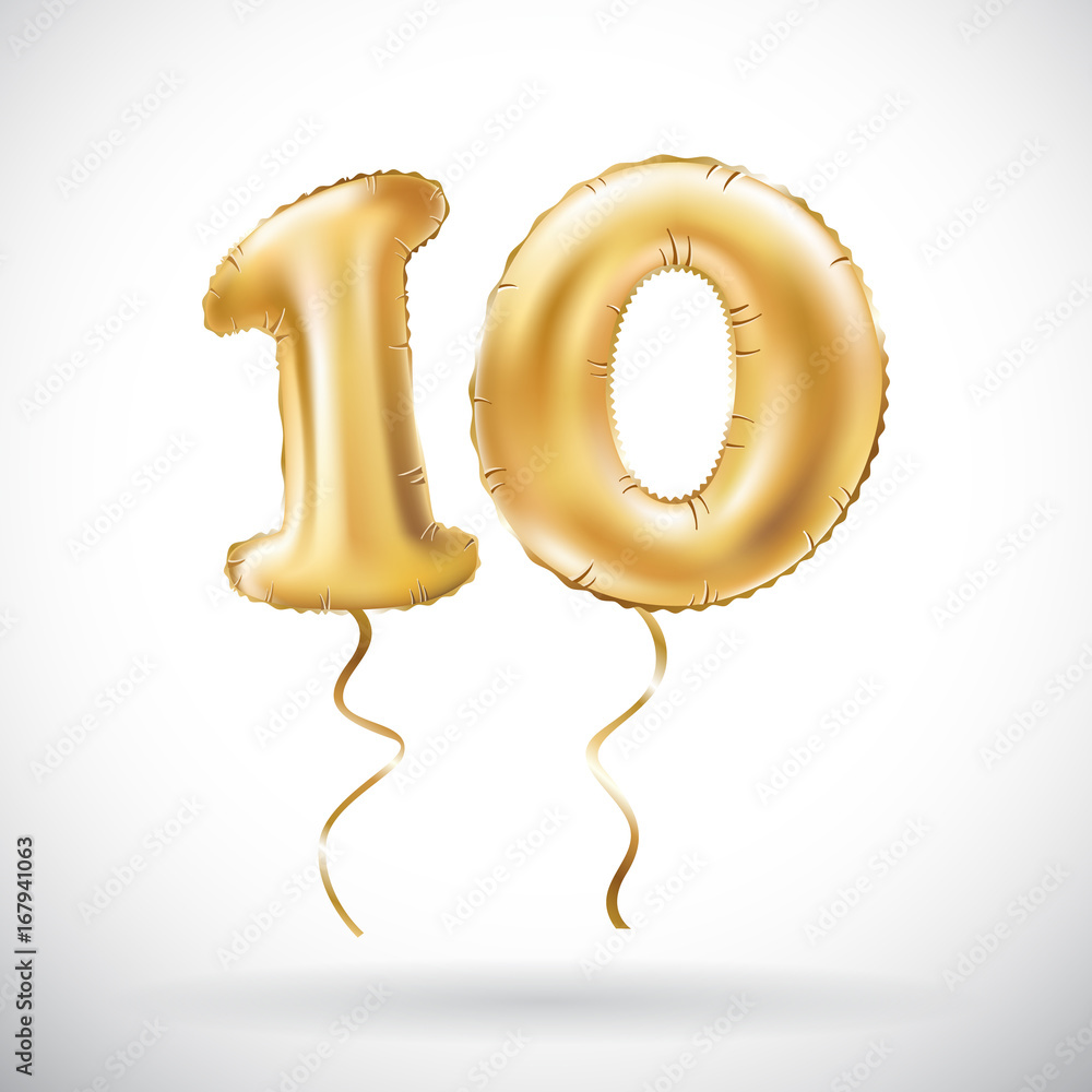 vector Golden number 10 ten metallic balloon. Party decoration golden ...